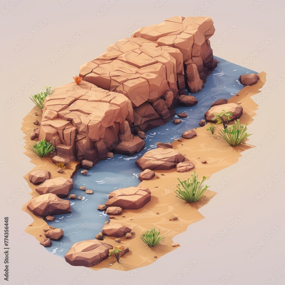 Minimalist isometric scene of a dry riverbed, representing water ...