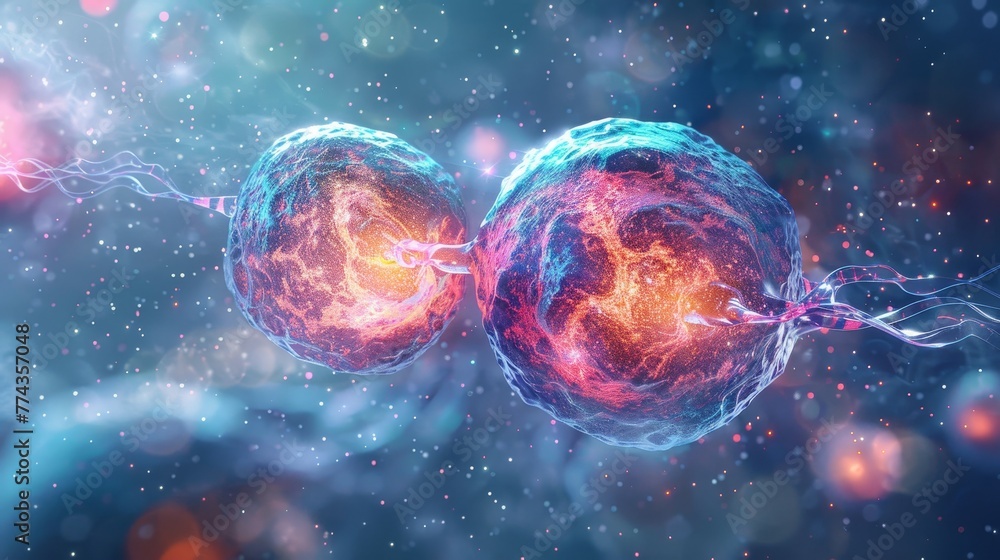 Two glowing spheres of a foreign substance, one of which is larger than ...