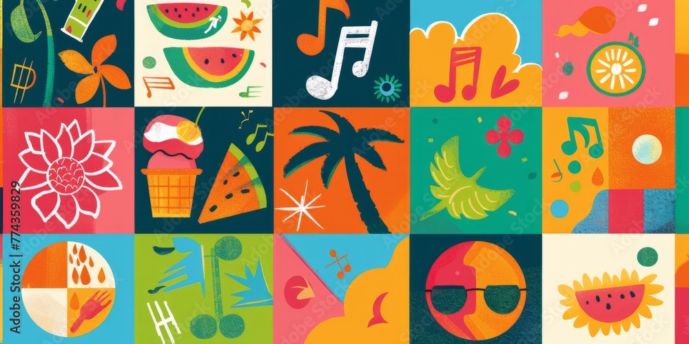 colorful squares, each depicting iconic summer elements like palm trees ...