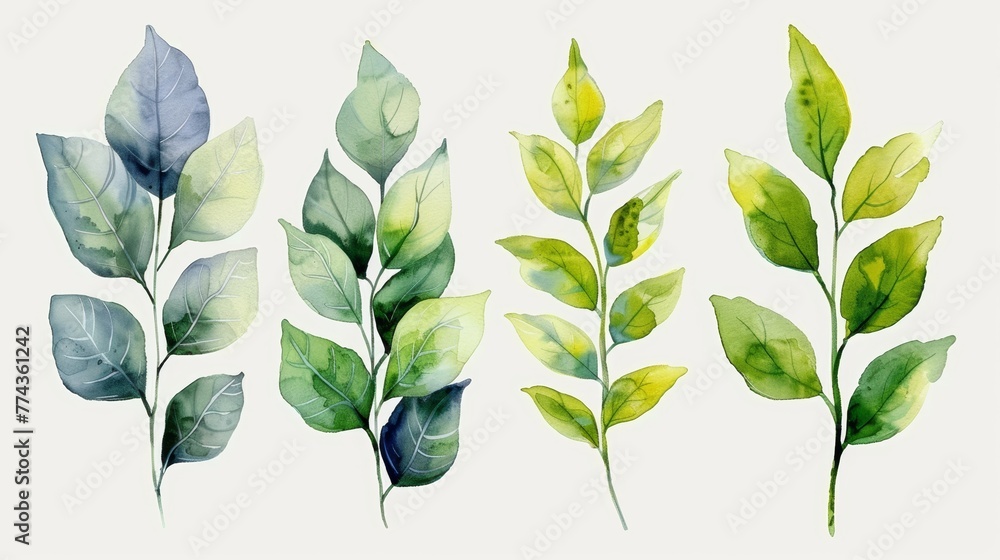 Watercolor Illustrations: Assorted Shades of Green Leaves on White ...