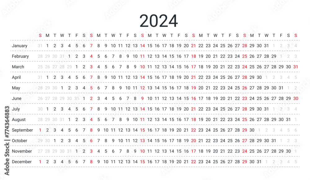 Vetor de Linear calendar for 2024 year. Vector illustration. Yearly ...