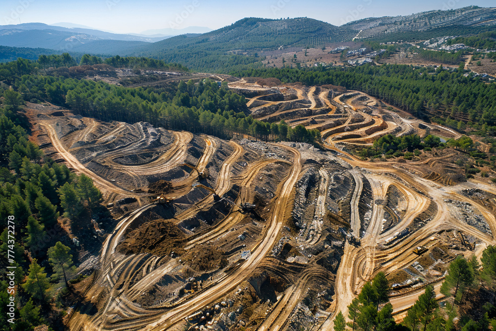 Aerial view of large-scale deforestation environmental damage ...