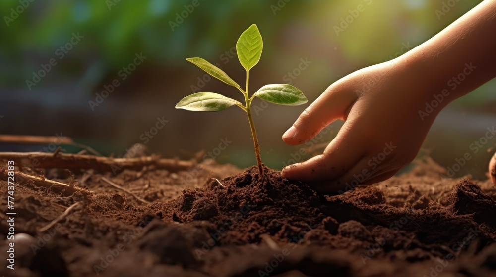 A child's hand reaching out to a tender green tree seedling captures ...