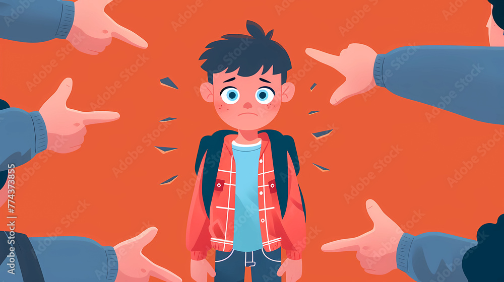 sad schoolboy or male student with backpack, around are hands with ...
