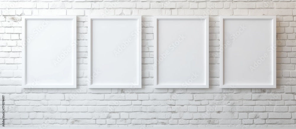 Three identical white picture frames are hanging on a textured red ...