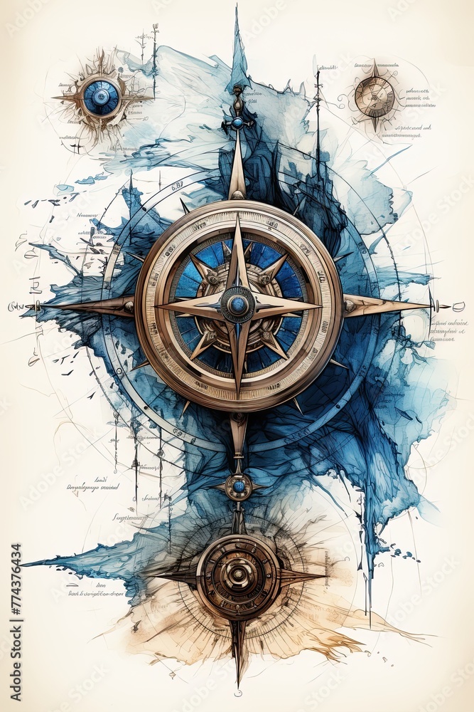 Nautcal compass blueprint, sketch , technical drawing. Exploration and ...