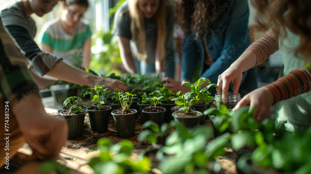 An indoor gardening workshop, with attendees planting seedlings in pots ...
