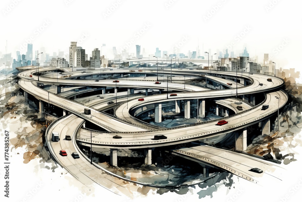 A detailed watercolor painting depicting a busy highway intersection ...