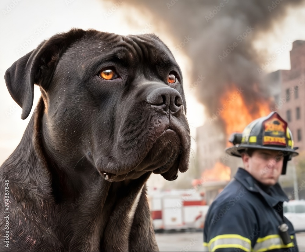 Image of dog and fire, Cane Corso, rescuer, fireman, natural disaster ...