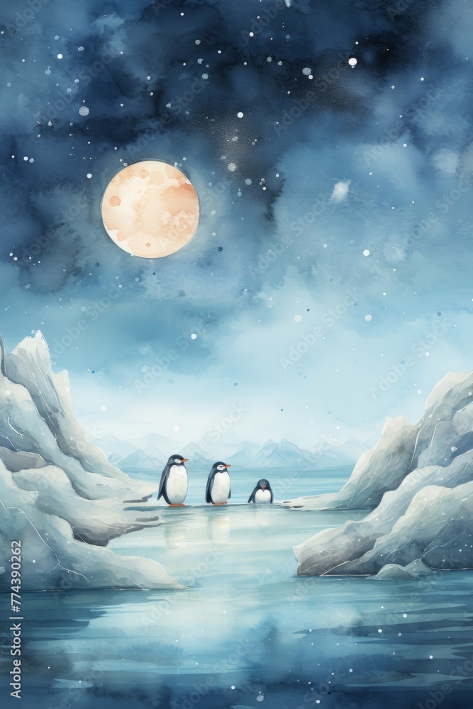 Three penguins are depicted on separate icebergs, under a full moon in ...