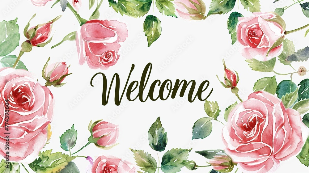 watercolor pink rose wedding theme deco at border, with cursive hand ...