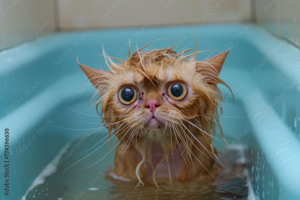 Bathing cat in bathroom scared wet hair using shampoo and animal ...