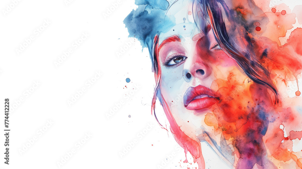 Beautiful woman face abstract watercolor illustration on the white ...