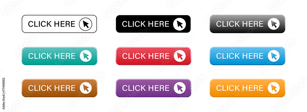 "Click here" button. "Click here" buttons in various colors isolated on ...