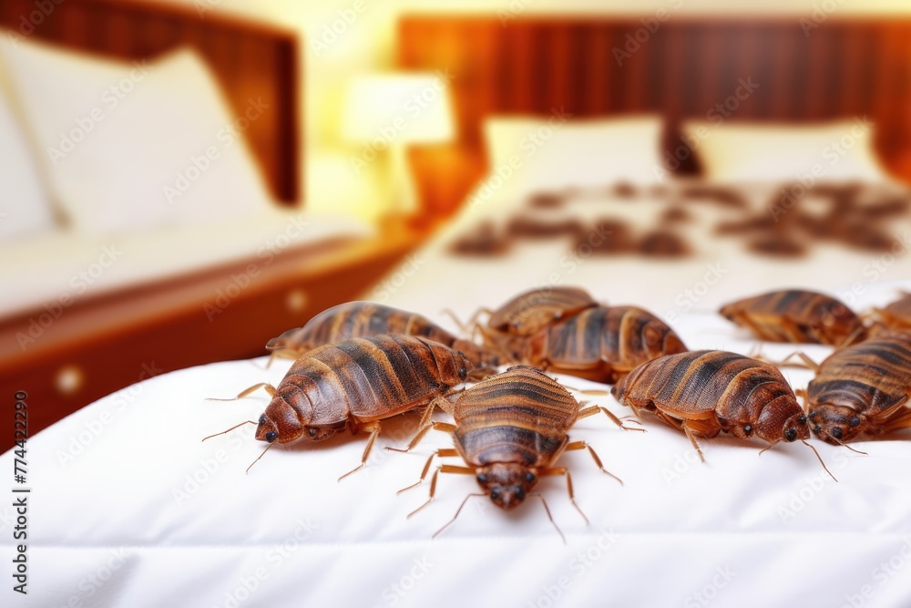 A disturbing view of a bed bug infestation, with multiple bed bugs ...