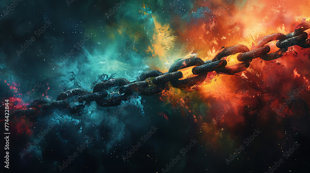 Symbolic chains breaking, representing emancipation, hopeful colors ...