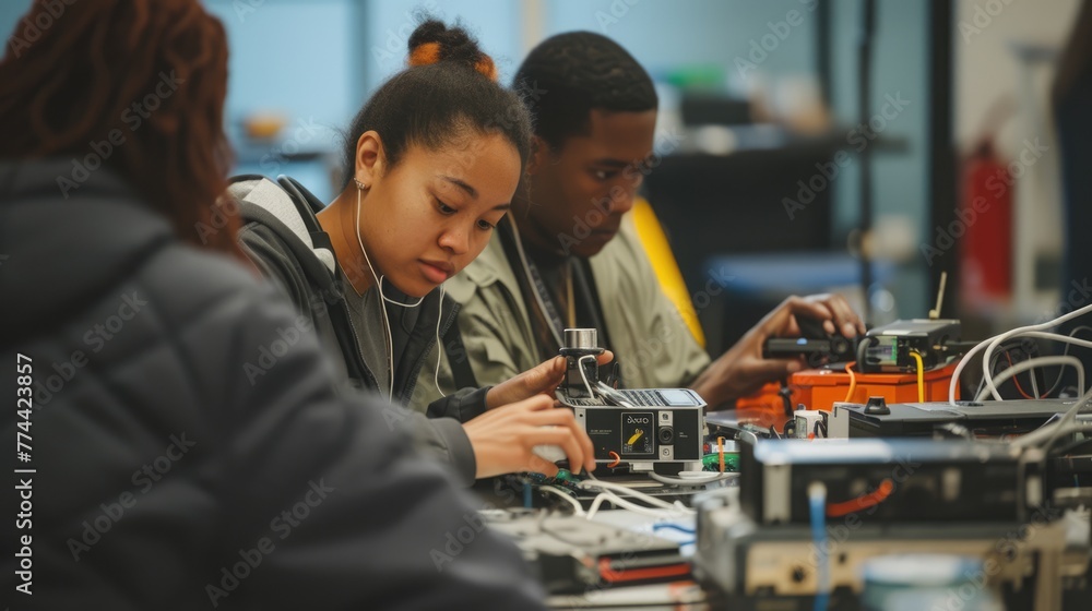 Young engineering students collaborate on an electronics project in a ...