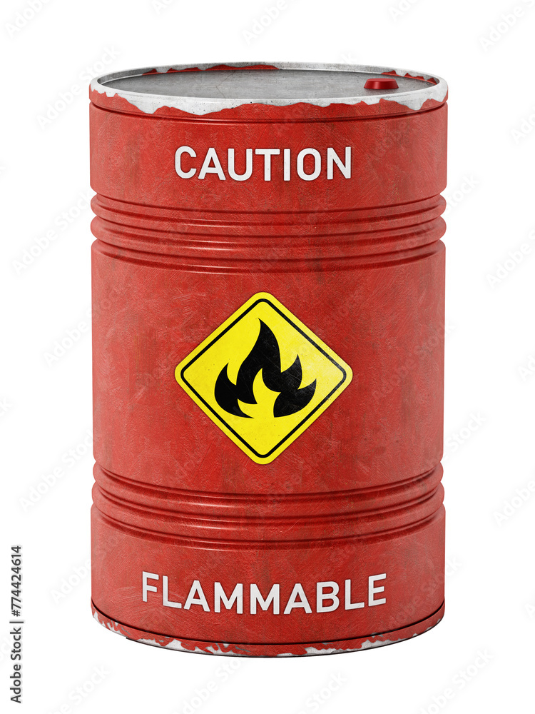 Red barrel with caution flammable warning text and fire symbol isolated ...