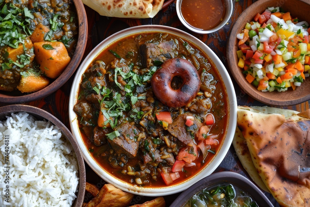 Kenyan dinner includes chapati mandazi samosa sausage rice beef stew ...