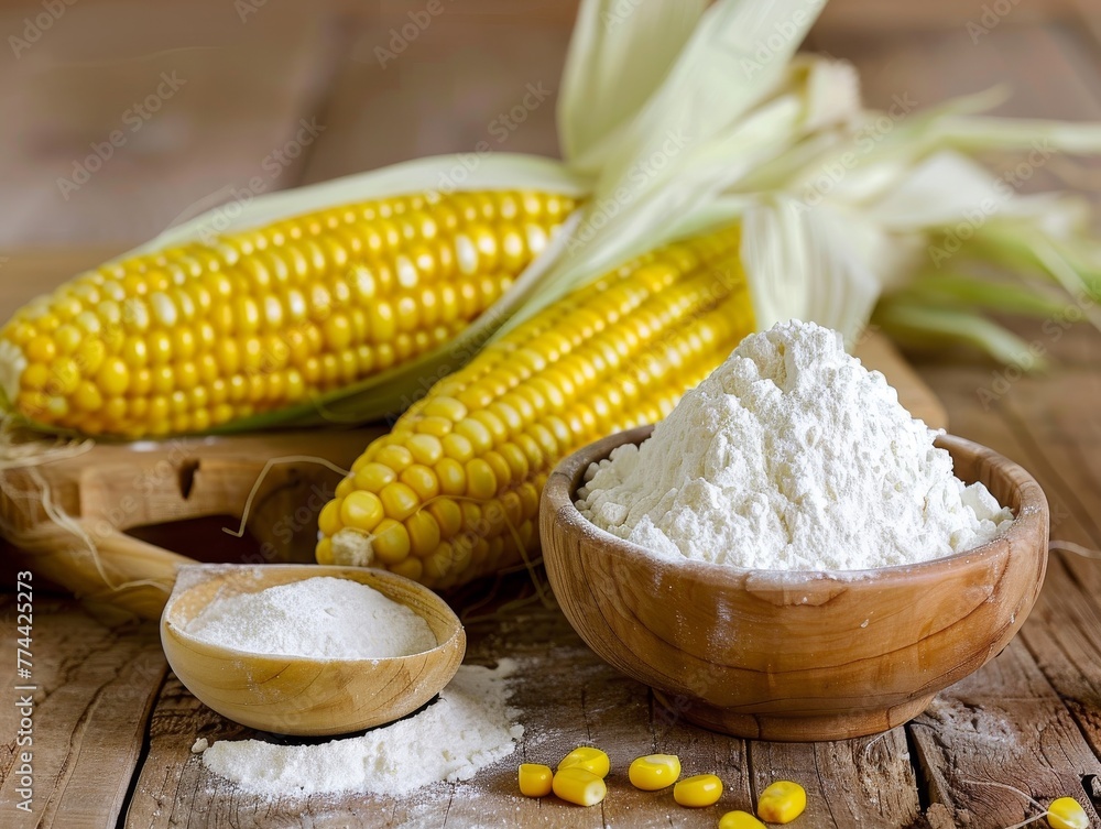 Whole and shelled corn cobs with cornflour in wooden bowls on a rustic ...