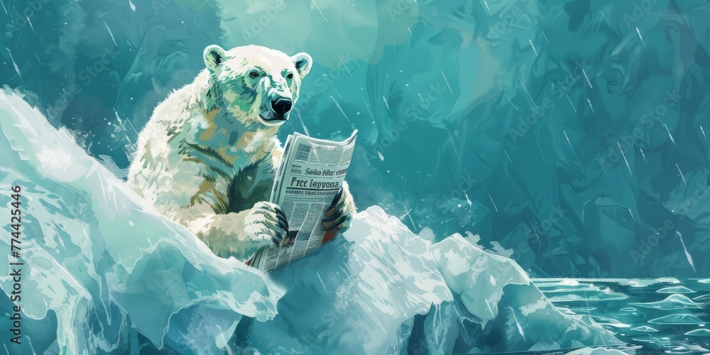 Polar bear reading a newspaper on an iceberg. Climate change awareness ...