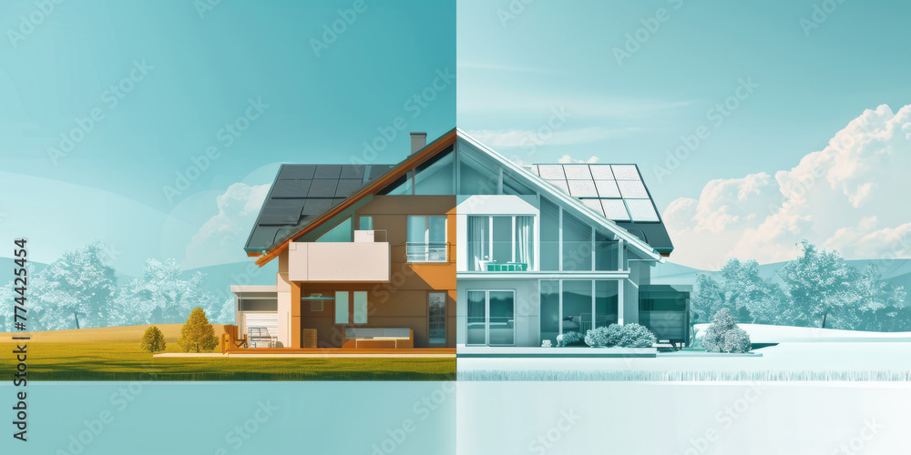 Split-view illustration of a house with seasonal changes, showcasing ...