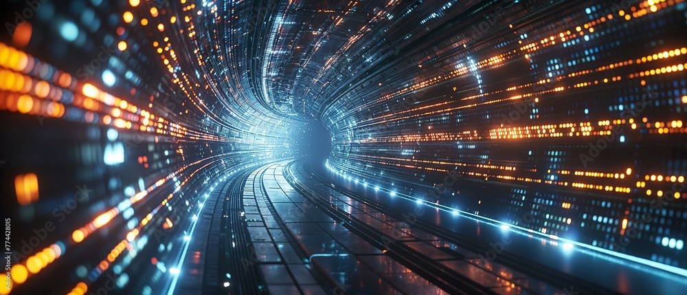 Radiant energy burst particles spiraling toward a central light depicting a cosmic event or data ...