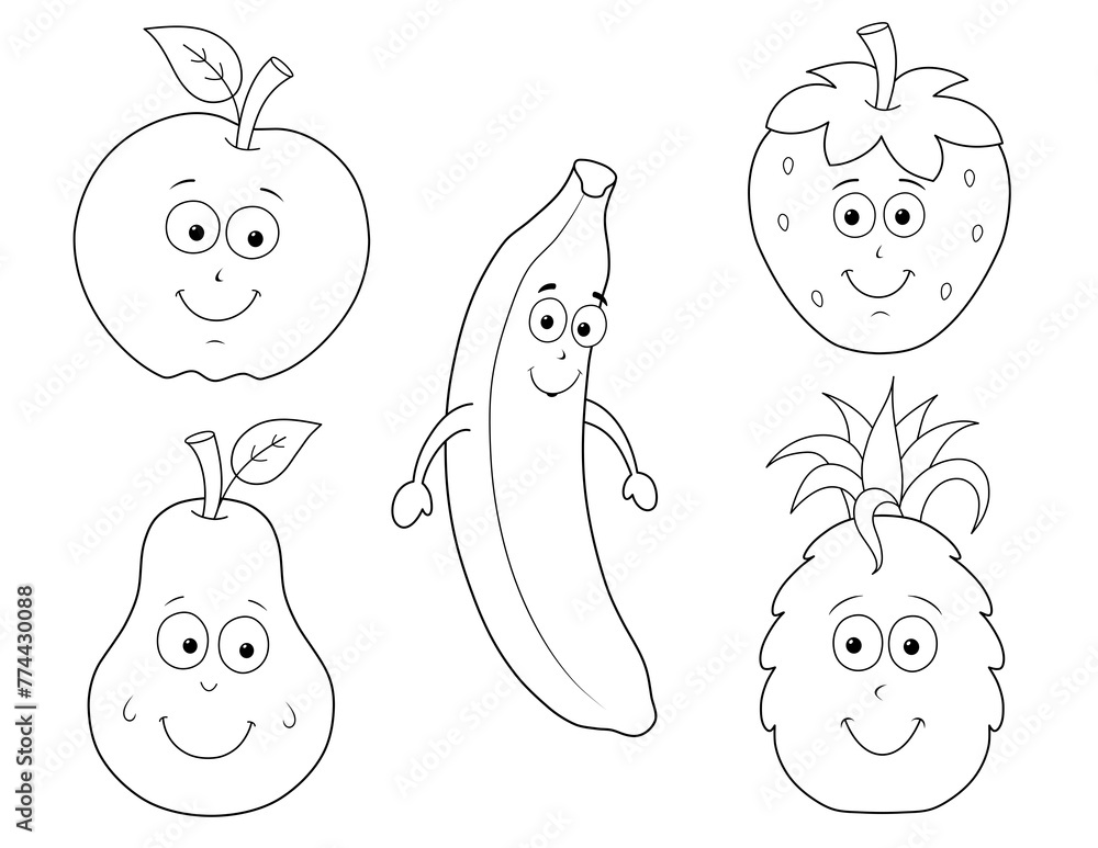 cartoon fruit coloring page for kids. cute apple, strawberry, pineapple ...