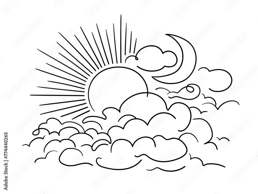 Sky and sun continuous line art drawing isolated on white background ...