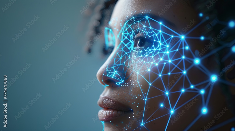 A woman's face with a grid of grids applied on top of it. Concept of ...