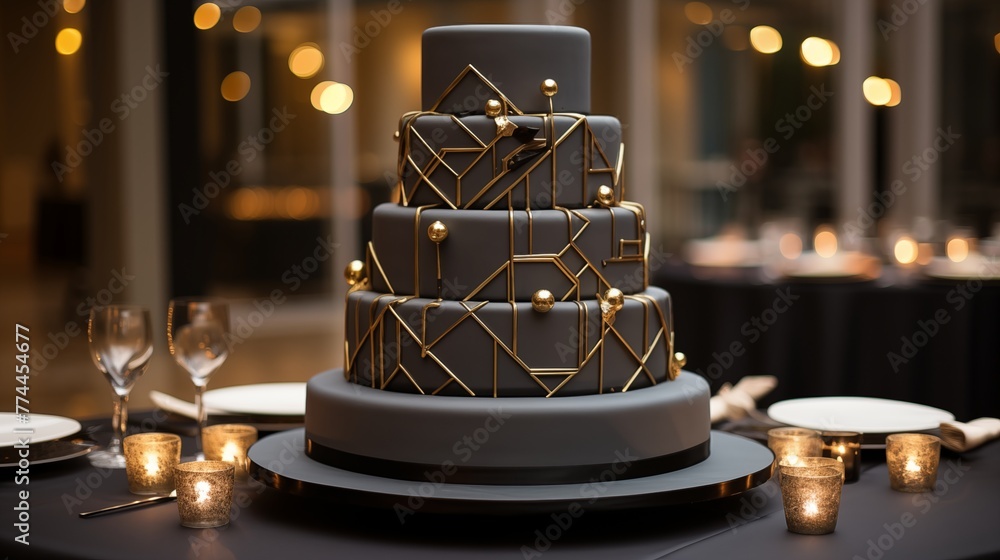 Geometric cake with clean lines and metallic accents, featuring a ...