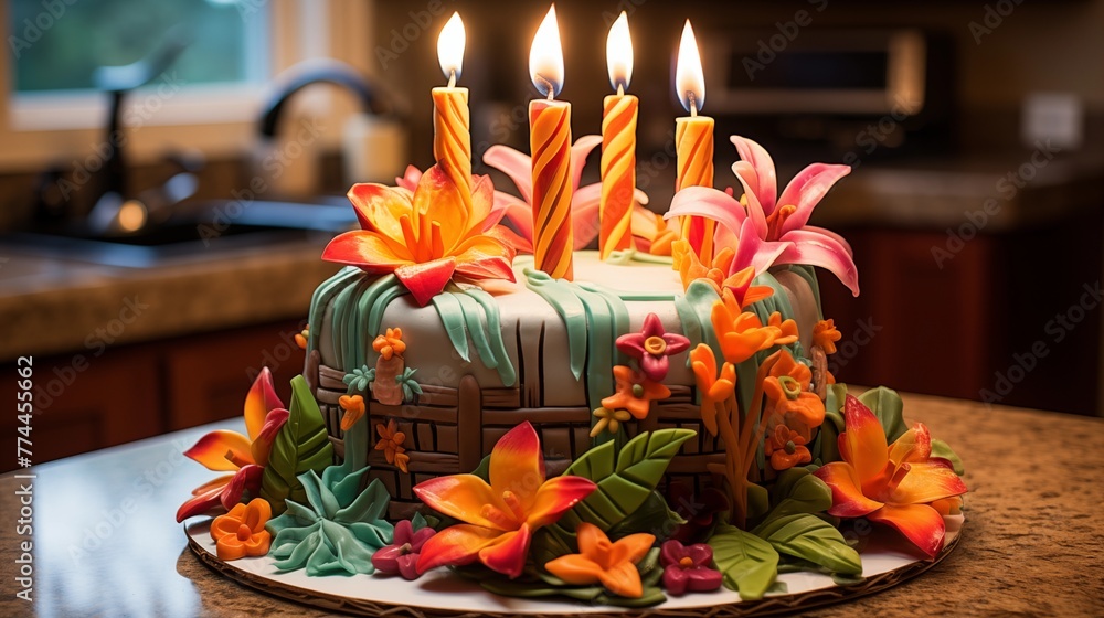 Luau-themed cake decorated with fondant palm trees, flowers, and a tiki ...