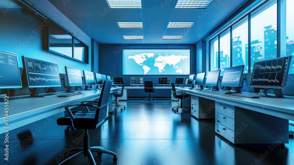 Modern control room with multiple computer screens displaying data ...