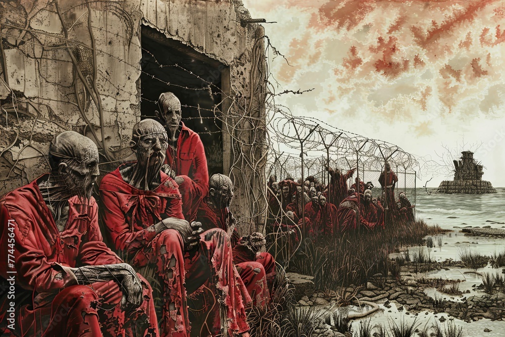 A painting featuring a group of individuals seated in front of a ...