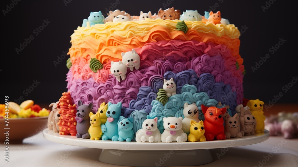 Rainbow cake with layers of frosting cut into fun shapes like animals ...