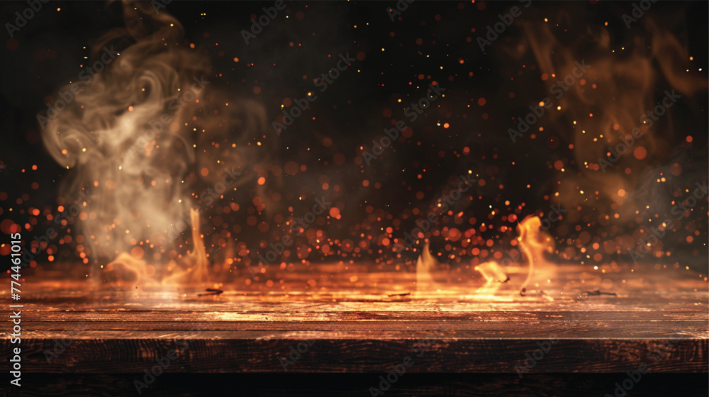 Wooden table with fire burning. wooden table with Fire burning at the ...