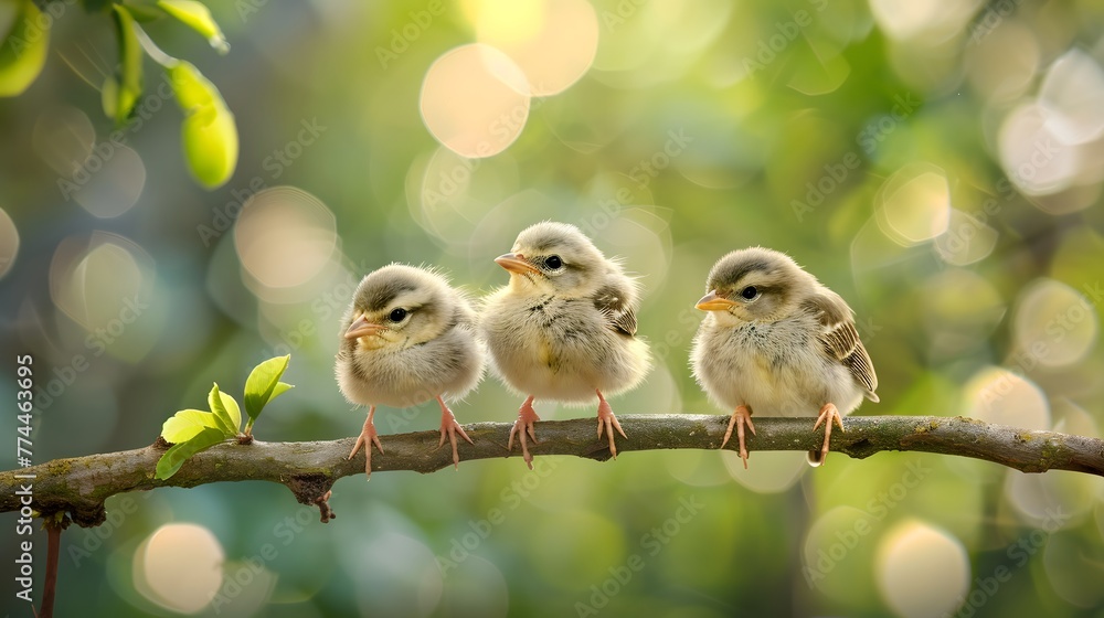 three cute little baby birds sitting on a tree branch outside in the ...