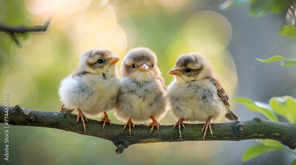 three cute little baby birds sitting on a tree branch outside in the ...