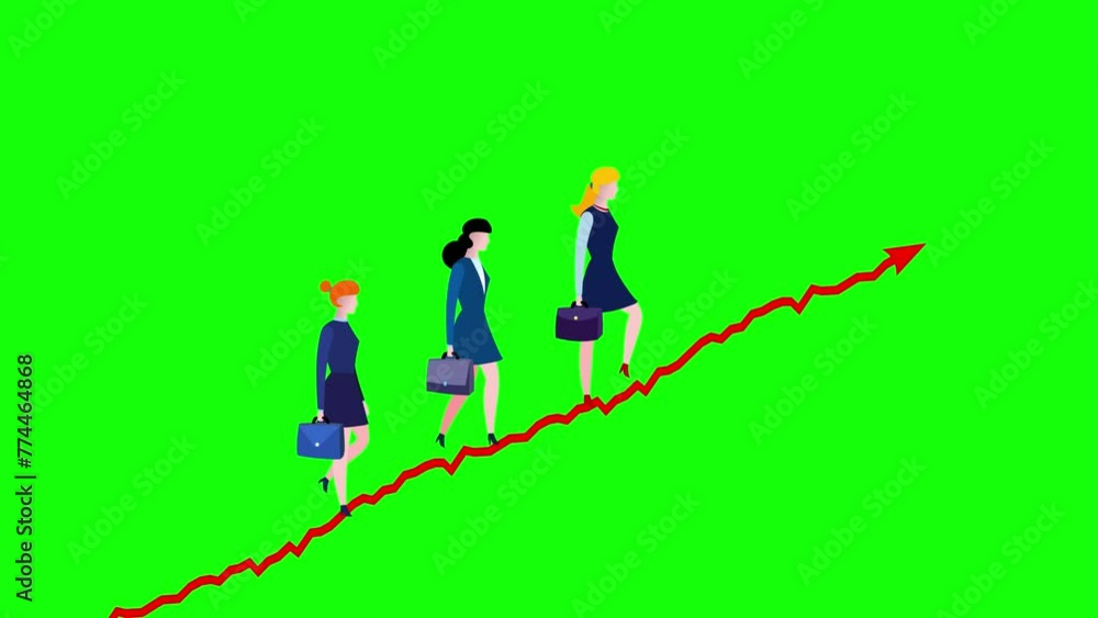 Cartoon business women going up the chart graph greenbox. Business ...