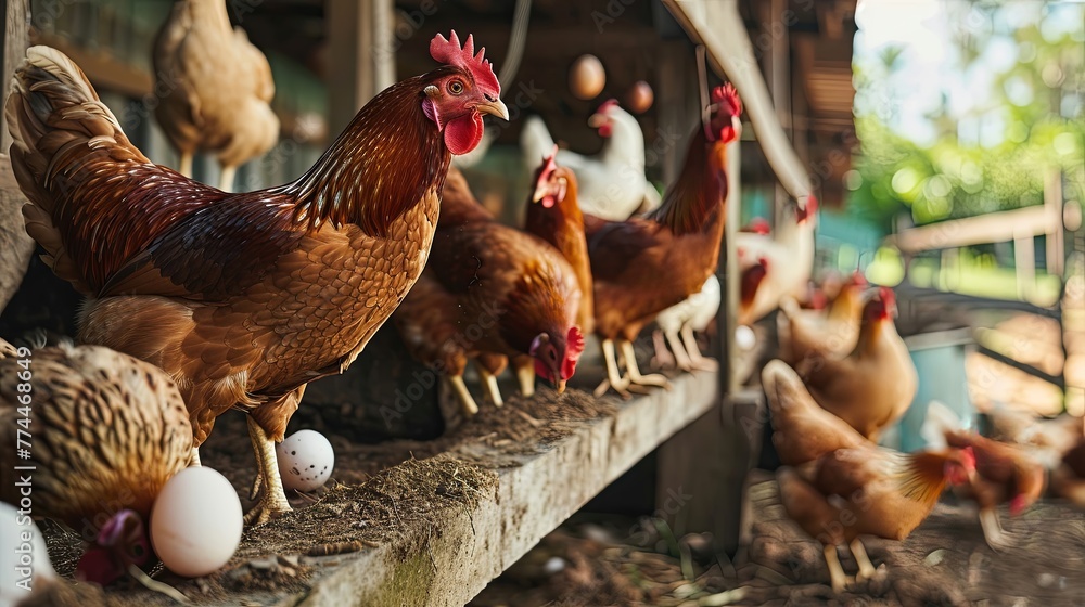 Chickens and eggs at a poultry farm close-up. Concept meat, farm ...