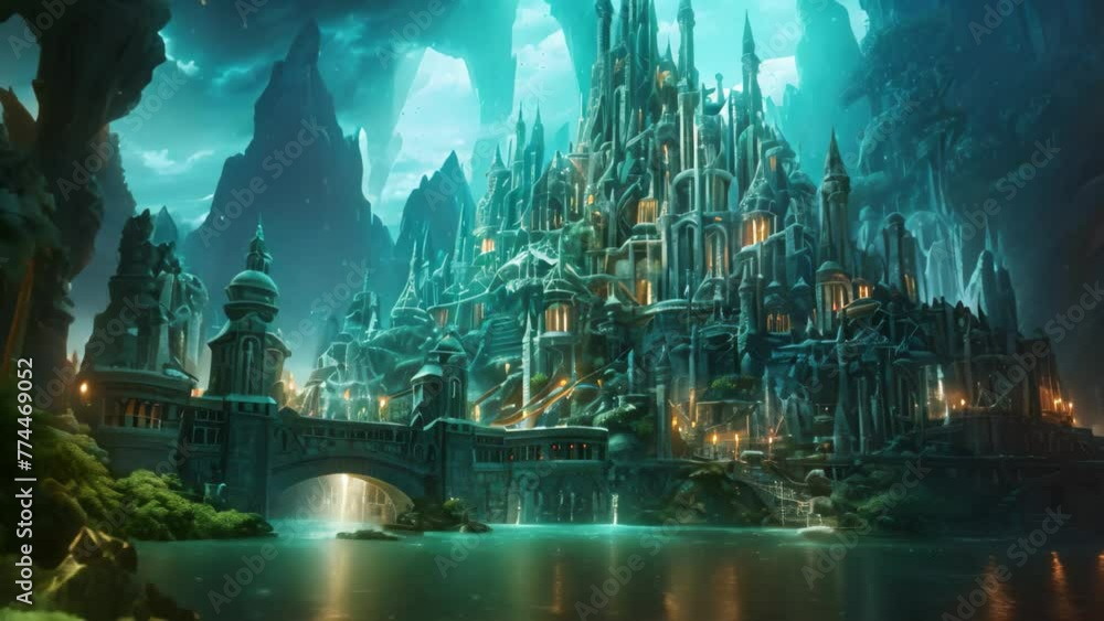 A breathtaking fantasy castle stands proudly amidst a tranquil body of ...