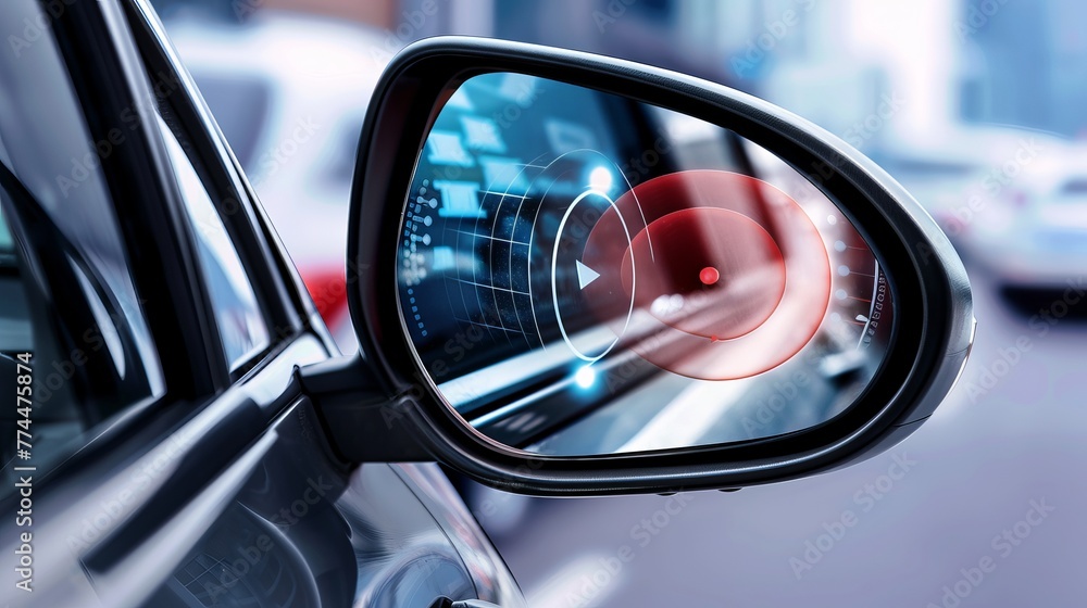 A blind zone monitoring sensor on a car's side mirror is detailed ...