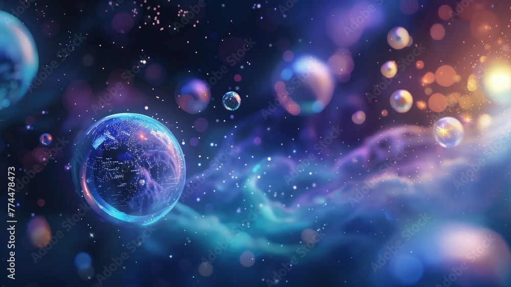 Abstract digital artwork of glowing orbs and particles with a prominent ...