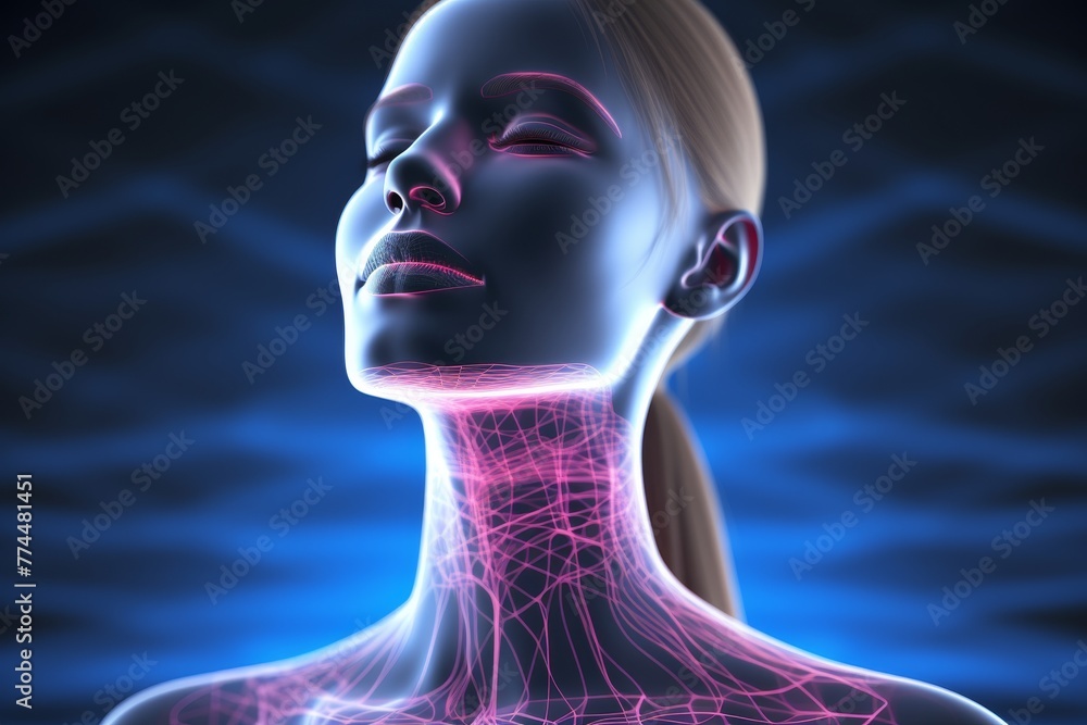 3D Medical Illustration of Female Neck Anatomy with Highlighted Nervous ...