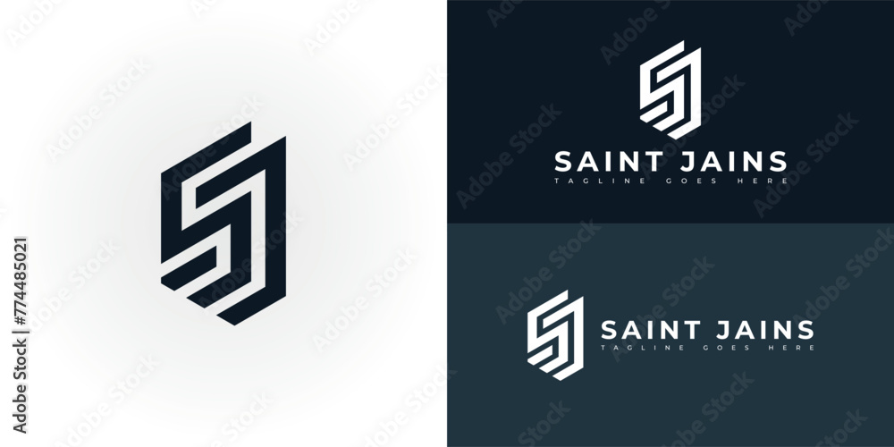 Abstract initial lines letter SJ or JS logo in deep blue color isolated ...