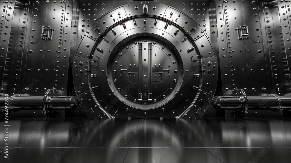 straight on view of a high tech closed locked bank vault, symmetry ...