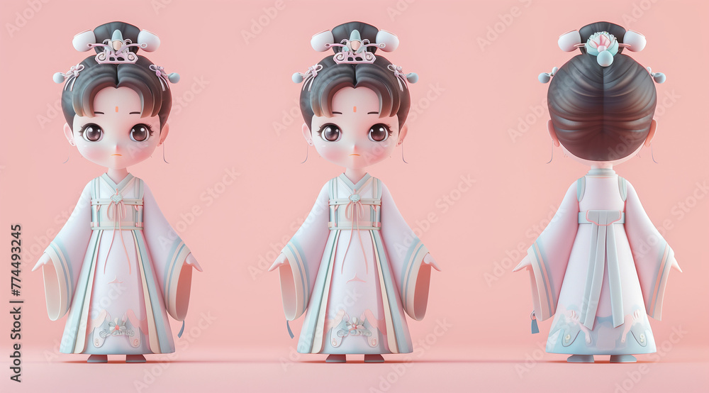 A cute girl in Hanfu, three views from the front and side angles ...