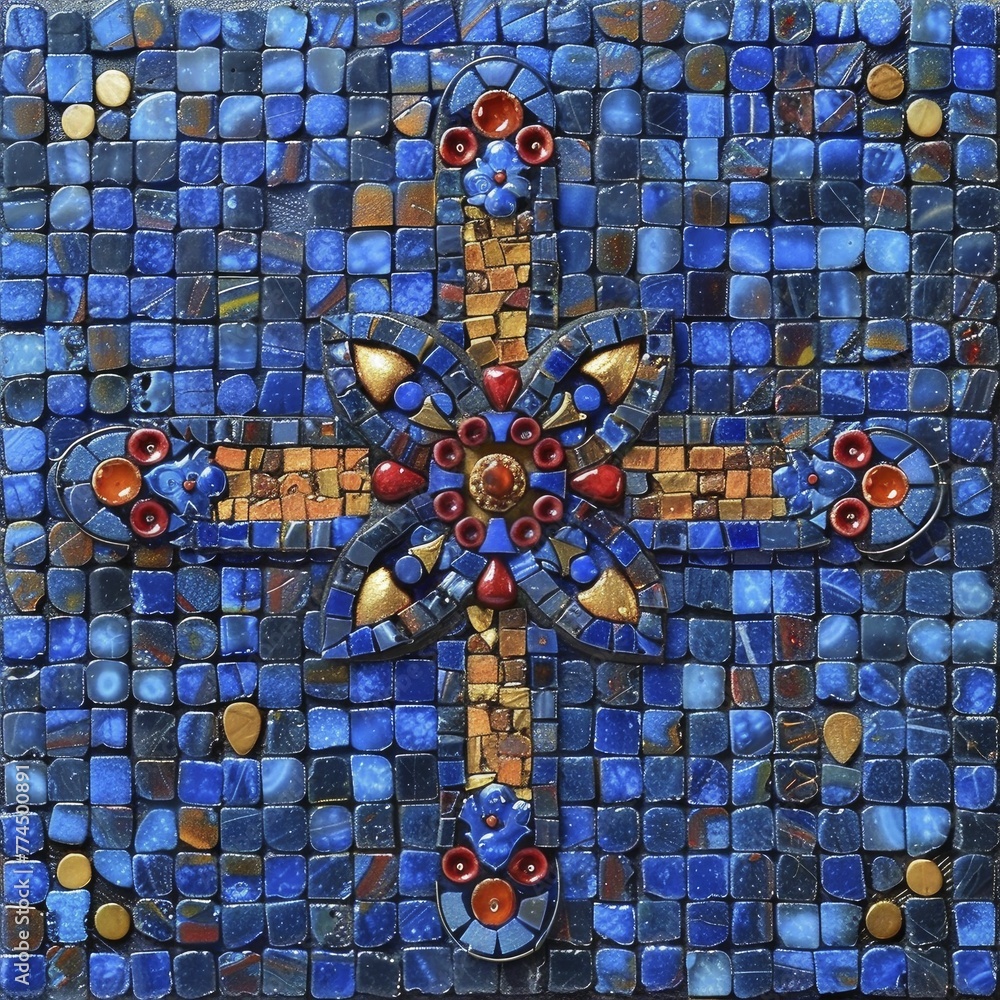 Cross with Byzantine mosaic patterns on a royal blue background, empire ...