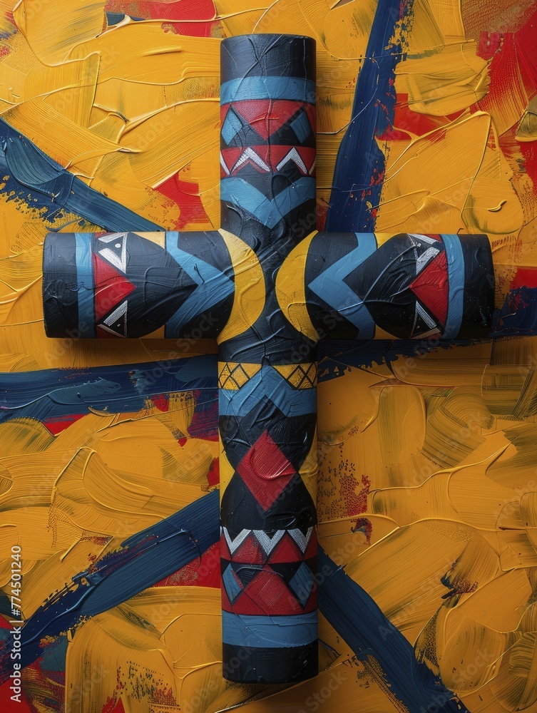 Minimalist cross with South African Ndebele patterns, electric blue ...