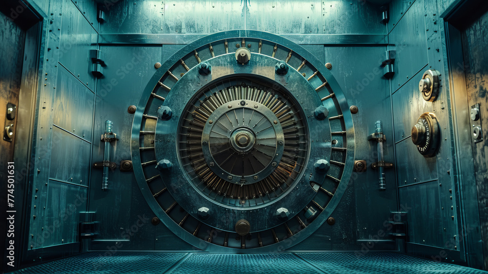 straight on view of a high tech closed locked bank vault, symmetry ...
